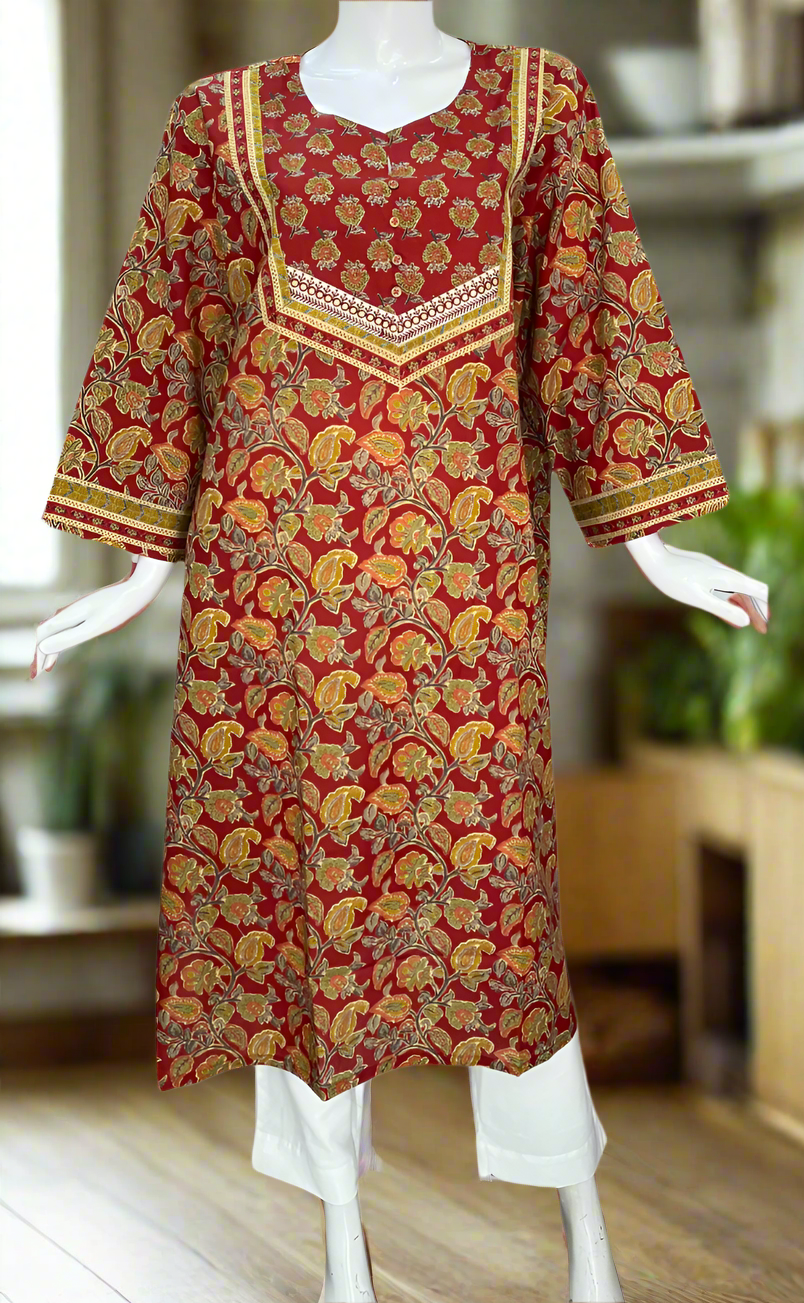 Rust Maroon Floral Garden Jaipuri Cotton Kurti. Pure Versatile Cotton ...