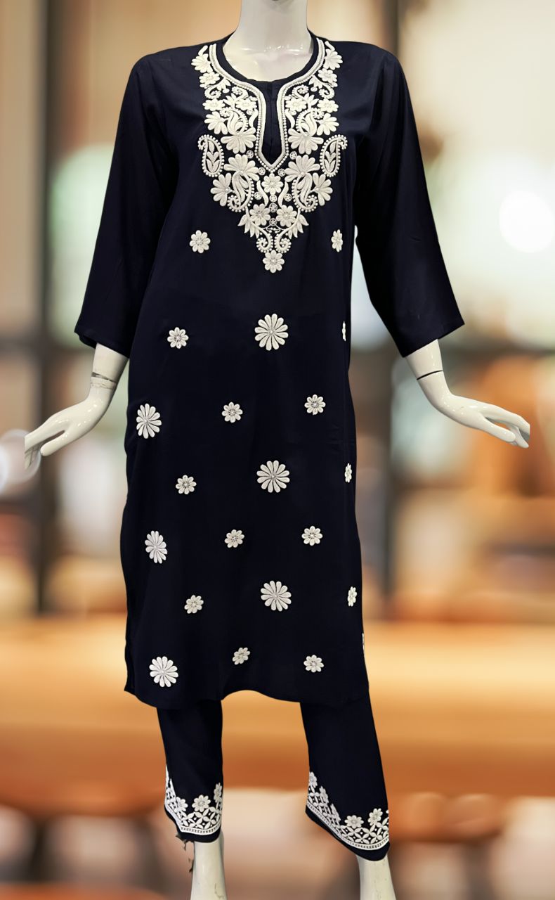 Navy Blue Machine Chikankari Kurti Set. Flowy Rayon Fabric. | Laces and ...