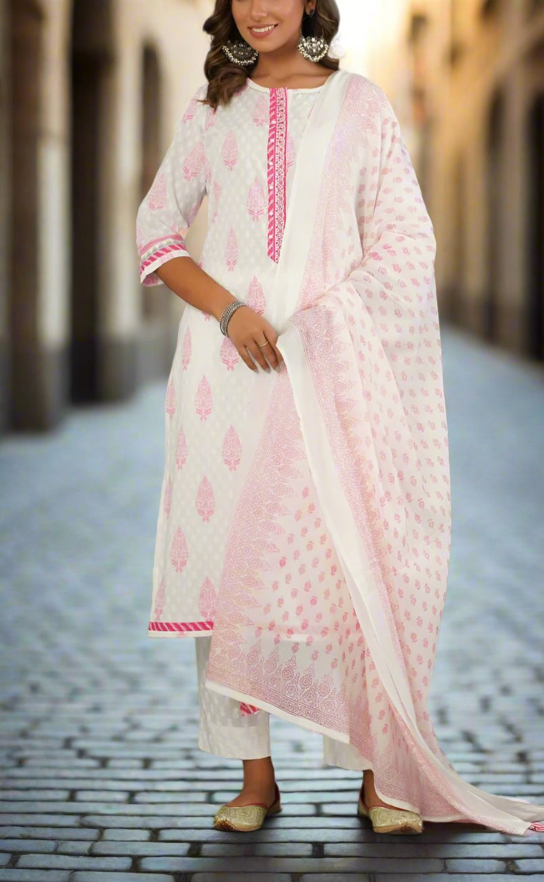 Premium Cotton Kurti Sets With Pant and Dupatta Set | Laces and Frills