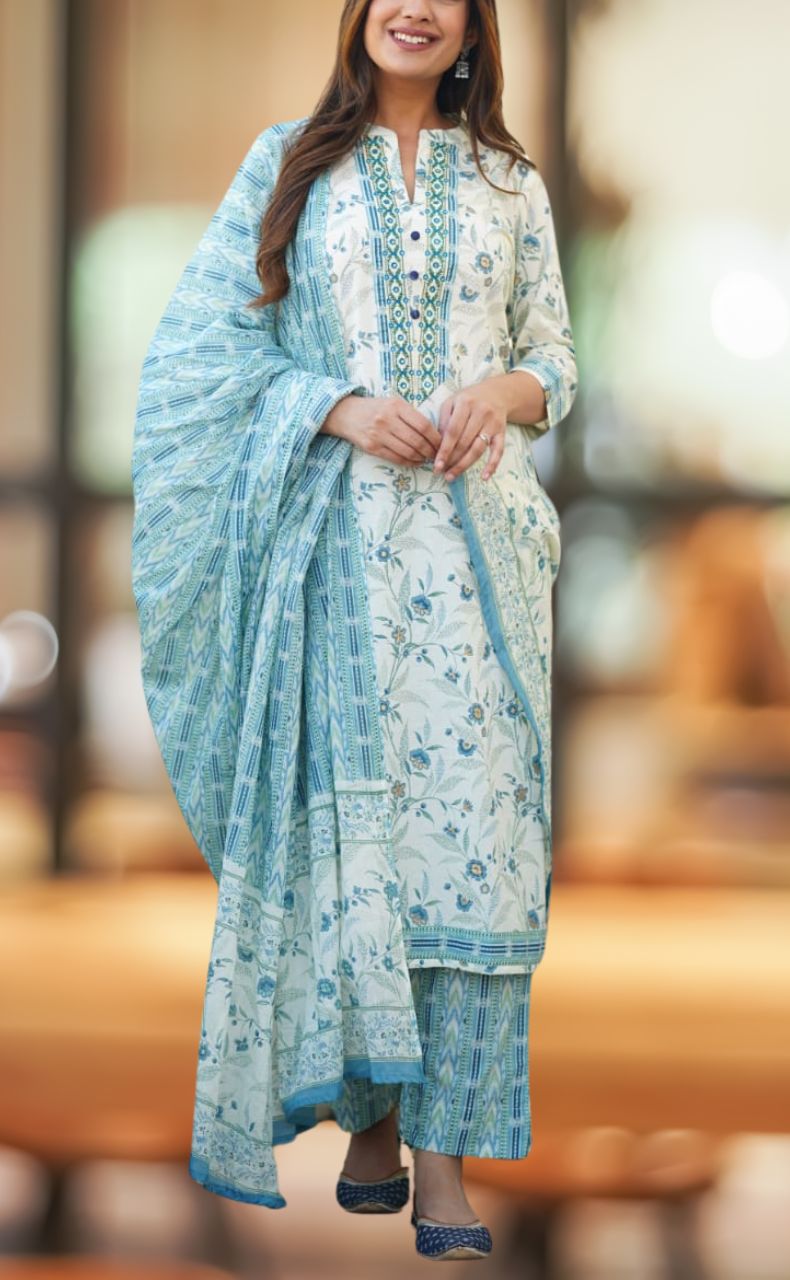 Off White/Light Blue Leafy Jaipur Cotton Kurti With Pant And Dupatta S ...