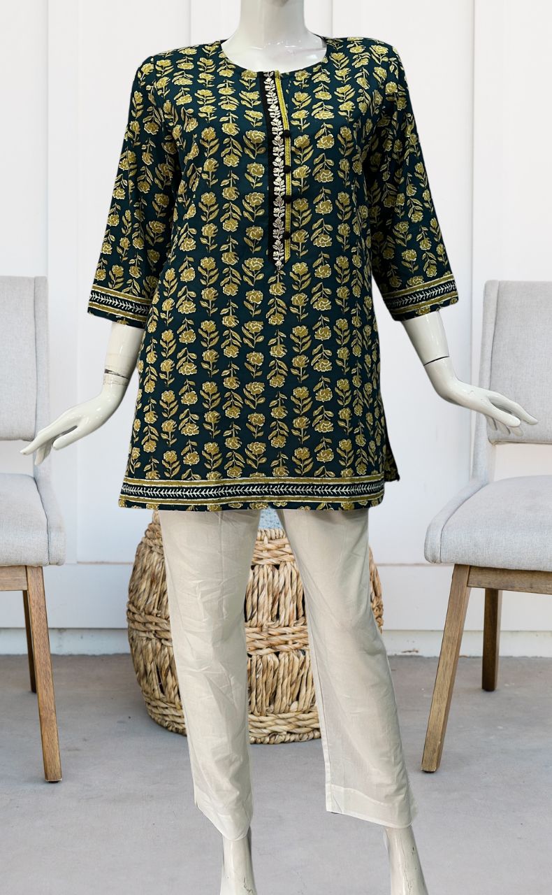 Prussian Blue Flora Jaipuri Cotton Short Kurti. Pure Versatile Cotton ...