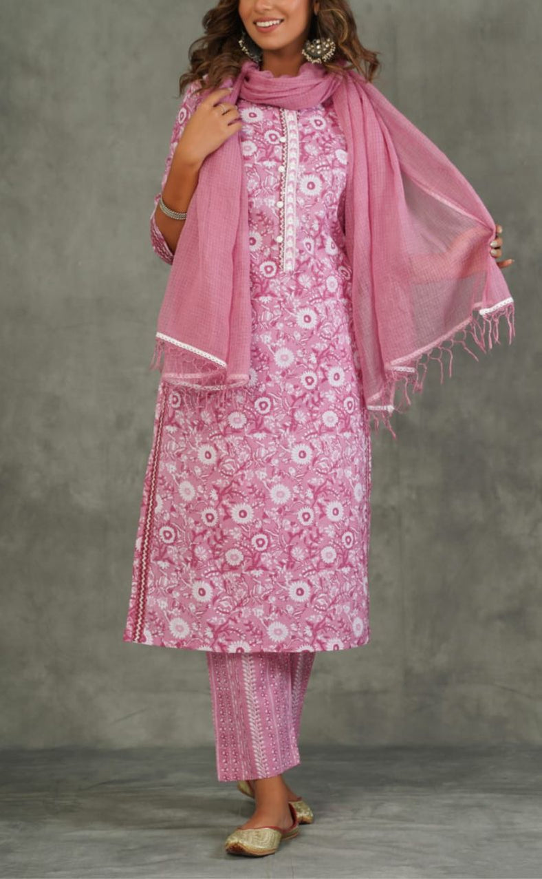 Premium Cotton Kurti Sets With Pant and Dupatta Set | Laces and Frills