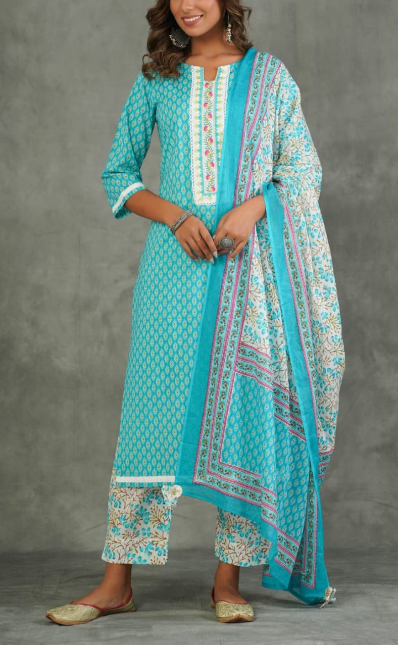 Premium Cotton Kurti Sets With Pant and Dupatta Set | Laces and Frills