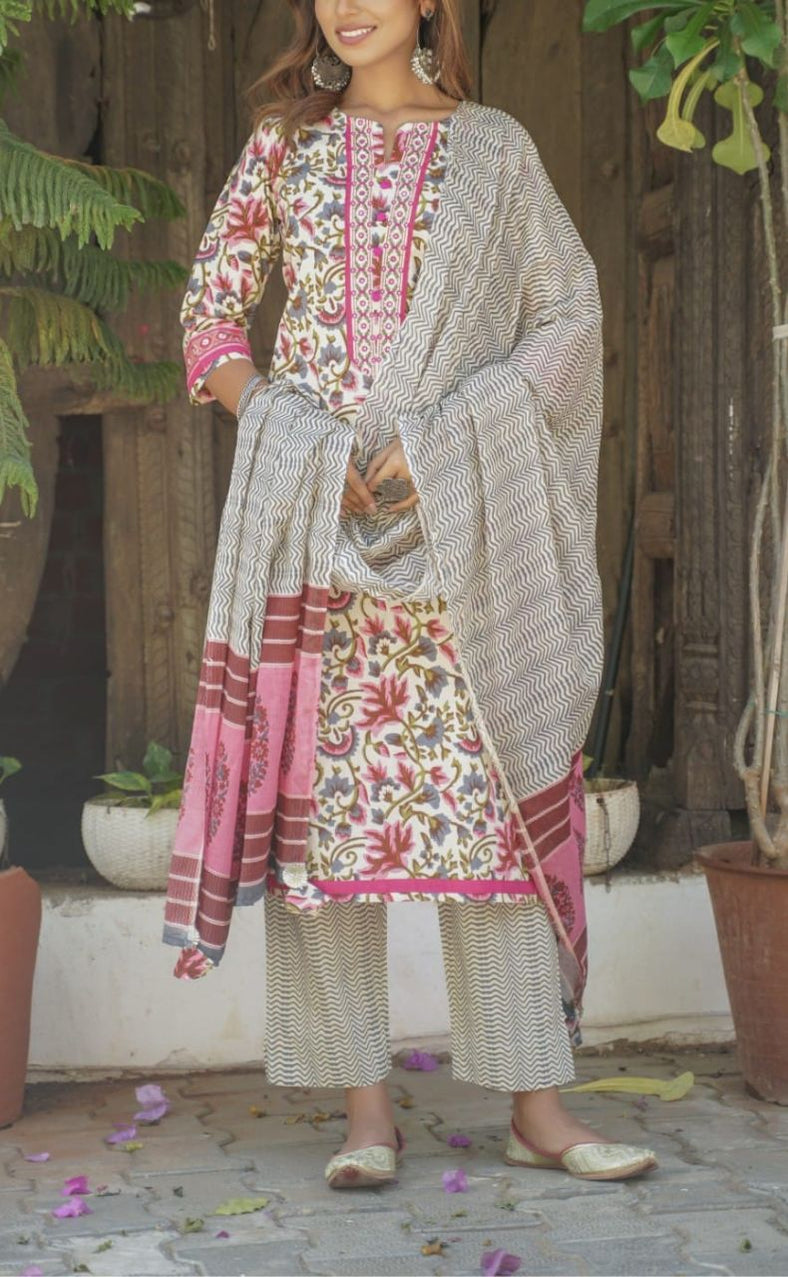 Premium Cotton Kurti Sets With Pant and Dupatta Set | Laces and Frills