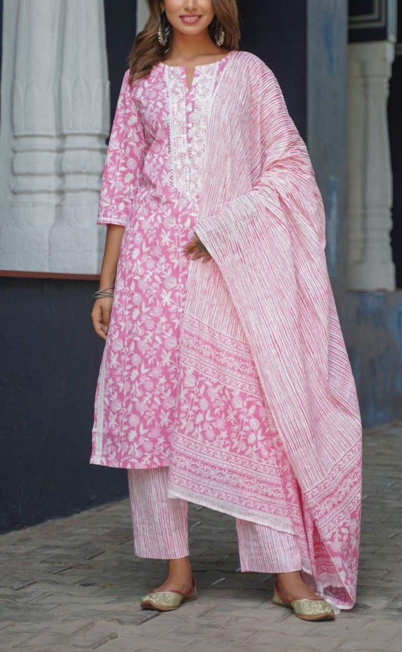 Premium Cotton Kurti Sets With Pant and Dupatta Set | Laces and Frills